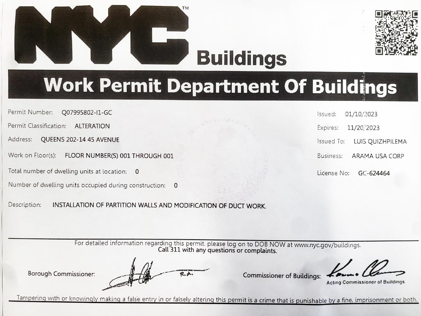 Work Permit – AK Construction